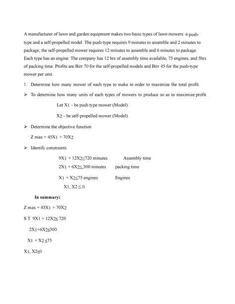 Optimality Analysis A Manufacturer Of Lawn And Garden Equipment Makes