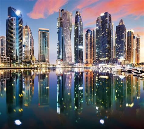 Dubai Canal Marina Skyline Panorama At Night United Arab Emirates