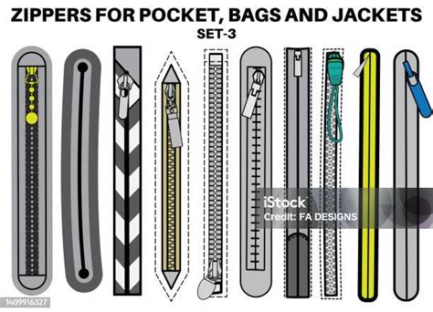 지퍼 풀러 플랫 스케치 벡터 일러스트 레이터가있는 지퍼 패스너 반바지 바지 드레스 의류 가방 재킷 의류 및 액세서리에 대한 물 증거 보이지 않는 지퍼 포켓 유형 세트