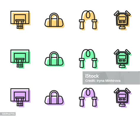 세트 라인 점프 로프 농구 백보드 스포츠 가방 과 스톱 워치 아이콘 벡터 건강한 생활방식에 대한 스톡 벡터 아트 및 기타 이미지