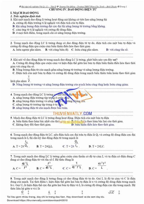 Mạch Dao động Lc Lí Tưởng Gồm Cuộn Thuần Cảm Và Tụ điện Bài Tập Trắc