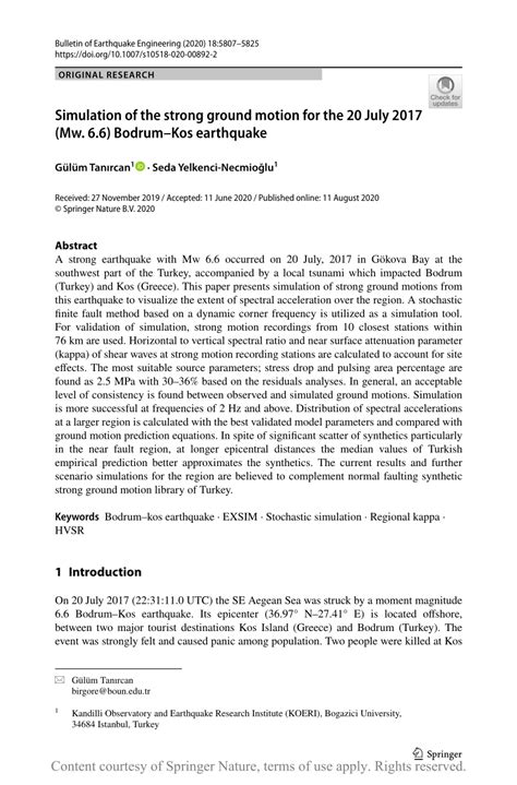 Simulation Of The Strong Ground Motion For The 20 July 2017 Mw 6 6 Bodrum Kos Earthquake