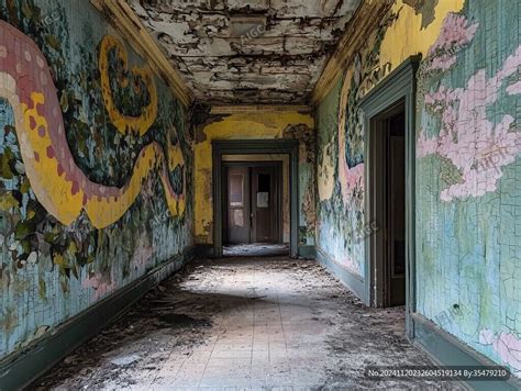 Ai创作图废弃宾馆 走廊壁画 长廊内部彩绘 走廊彩绘 廊道彩画 废弃的学校走廊 主题走廊 令人毛骨悚然的地方 旧走廊 旧建筑走廊 都督府过道 废弃医院 神秘色彩走廊 闹鬼的地方 印花走廊