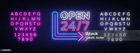 24 7 네온 신보드 벡터 하루 종일 네온 사인 디자인 템플릿 현대적인 트렌드 디자인 야간 간판 야간 밝은 광고 라이트 배너 라이트 아트를 엽니다 벡터 텍스트 네온 사인