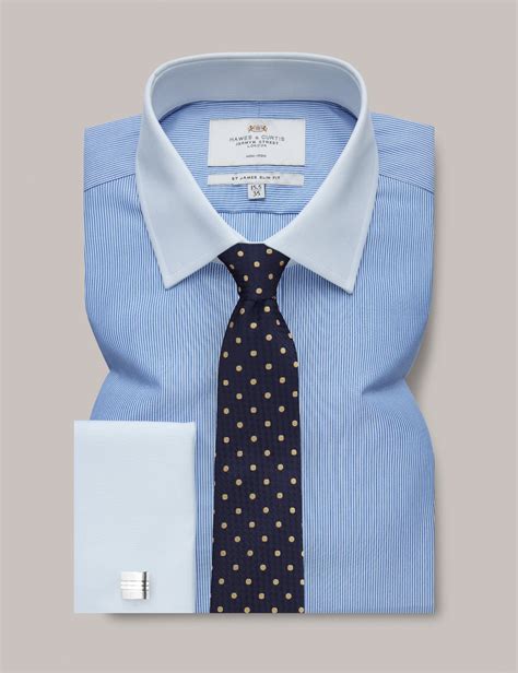 Non Iron Blue And White Fine Stripe Slim Shirt With White Collar And Cuffs Hawes And Curtis