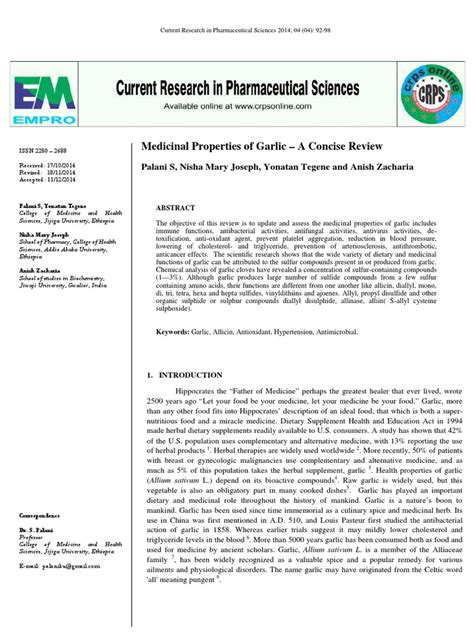 Medicinal Properties Of Garlic Pdf Atherosclerosis Garlic