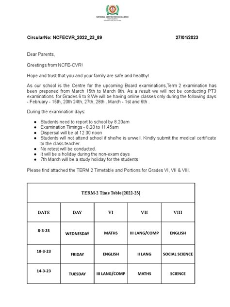 1 Circular Timetable And Portions Grades 6 To 8 Term 2 2022 23 1 Pdf