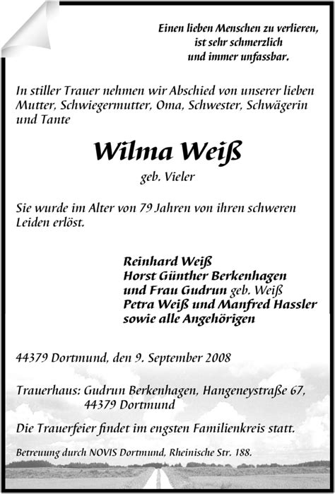 Traueranzeigen von Wilma Weiß Trauer in NRW de