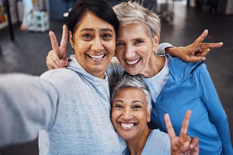 Fitness Women Portrait Or Peace Sign Selfie In Gym Workout Or