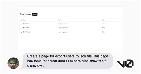 create a page for export users to json file this page has table for