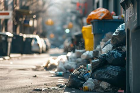 Overflowing Garbage Can In An Urban Area Mess And Trash On The Street