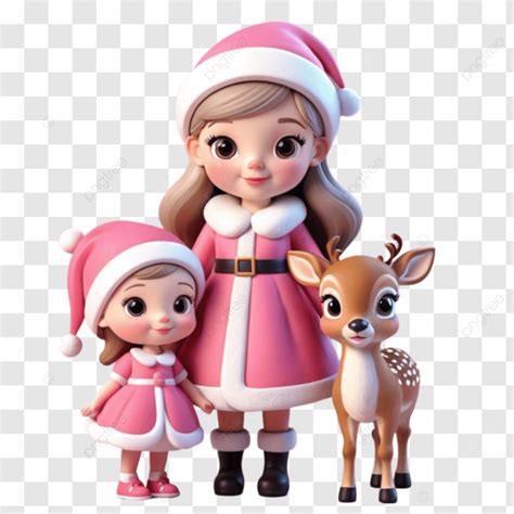 작은 사슴과 함께 분홍색 옷을 입고 산타클로스 옷을 입은 사랑스러운 소녀들과 함께 행복한 휴일을 보내세요 행복한 휴일 사랑스러운 소녀들 산타 클로스 Png 일러스트 및