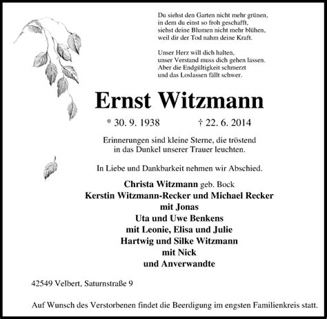 Traueranzeigen Von Ernst Witzmann Trauer In Nrw De