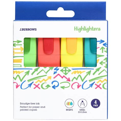J Burrows Chisel Highlighters Brights 4 Pack Officeworks