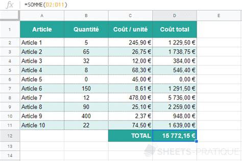 Fonction Google Sheets Sommeprod