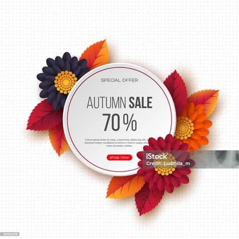 가 판매 배너 3d 잎 꽃 및 점선된 패턴 라운드 흰색 배경계절 할인 벡터 일러스트 레이 션에 대 한 템플릿 10월에 대한 스톡 벡터 아트 및 기타 이미지 Istock