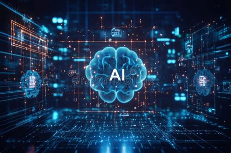 Digital Representation Of Artificial Intelligence Glowing Blue Brain Surrounded By Virtual