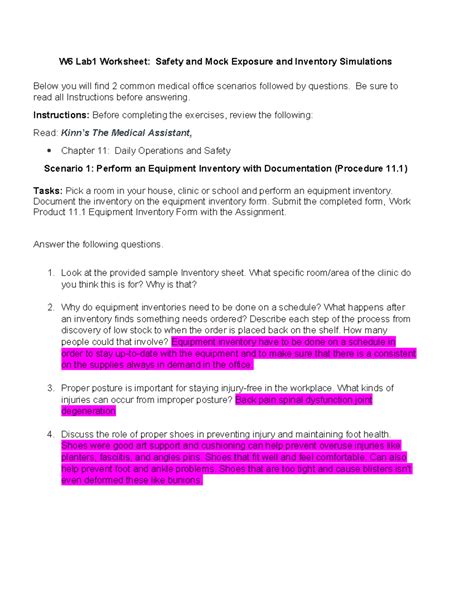 MOA W Lab W Lab Worksheet Safety And Mock Exposure And Inventory Simulations Below You