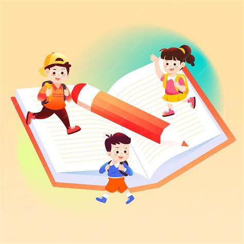 배경 벡터 일러스트 레이 션에 책과 연필로 학교에가는 재미 아이들 프리미엄 벡터