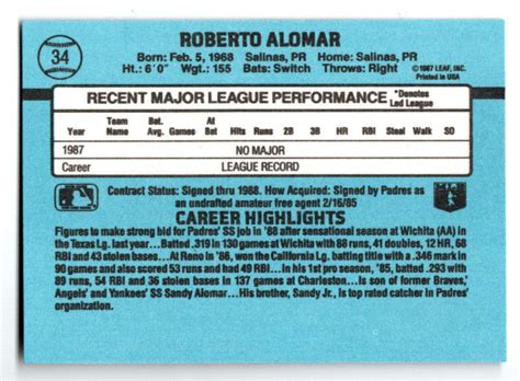 Roberto Alomar 1988 Donruss Rated Rookie 34 Rc Padres Indians Ebay