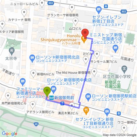 Merry Go Roundの最寄駅新宿御苑前駅からの徒歩ルート（約4分） Mdata