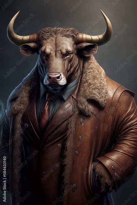 Bull With Stocky Male Body Brown Leather Jacket Over A Leather Jacket