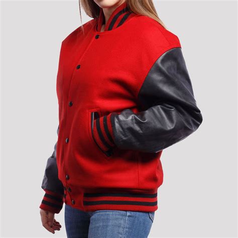 Varsity Base Women Jacket Scarlet Wool Body Black Leather Sleeves