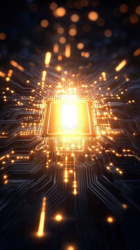 Futuristic Glowing Microchip With Digital Circuits And Sparks Stock