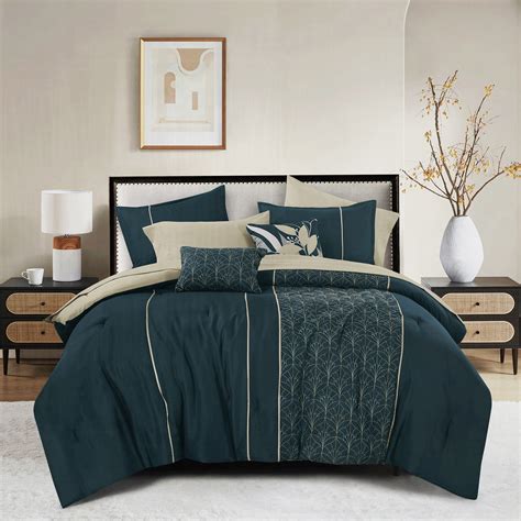 Brhf Teal And Beige 9 Piece Embroidered Comforter Set With Sheets And