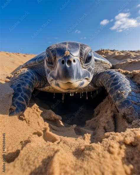 Portrait Of Adult Leatherback Female Turtle Front Flippers Digging A