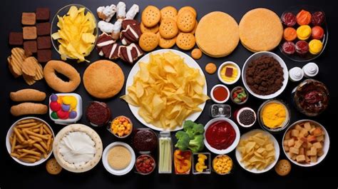 Composición De Mucha Comida Rápida Poco Saludable En La Mesa Concepto De Comida Ultraprocesada