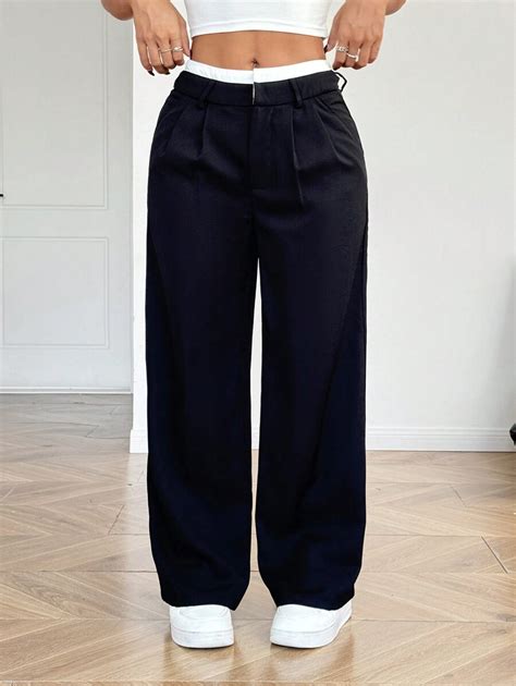 Shein Teen Girl Black And White Woven Fabric Wide Leg Suit Pants With