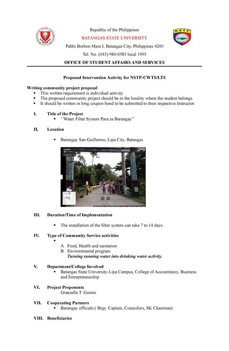 Project Proposal Nstp Republic Of The Philippines Batangas State