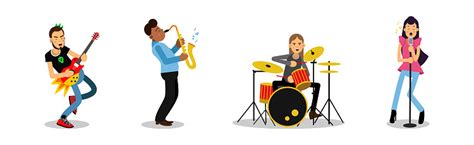 무대에서 악기를 연주하는 남자와 여자 예술가들 벡터 세트 바람에 대한 스톡 벡터 아트 및 기타 이미지 바람 트럼펫