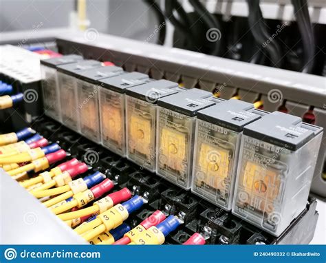 Close Up Photo A Row Of Plug In Relay And Base Connected With Wires Editorial Photography