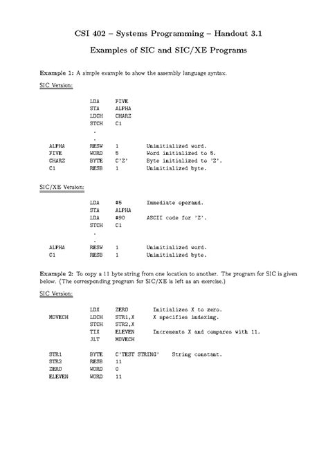 Handout 31 Examples Of Sic And Sicxe Programs Csi 402 Systems
