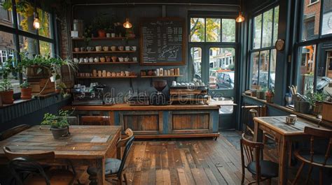 Cafe Interior Design Rustic Coffee Shop With Wooden Tables Chairs