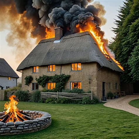 A Thatch Roof House Engulfed In Fire Fire Accident Day View Stock