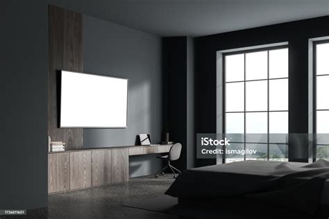 침대와 작업 공간 창문 모형 Tv 디스플레이가 있는 회색 홈 침실 인테리어 0명에 대한 스톡 사진 및 기타 이미지 0명 3