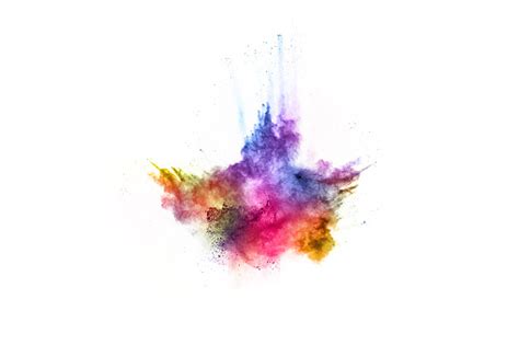 추상 분말 Splatted 배경입니다 흰색 바탕에 화려한 분말 폭발입니다 색깔된 구름입니다 다채로운 먼지 폭발 페인트 Holi