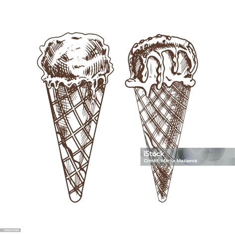 냉동 요구르트 또는 소프트 아이스크림을 곁들인 와플 콘의 손으로 그린 스케치 빈티지 그림입니다 라벨 포장 및 엽서 디자인을위한