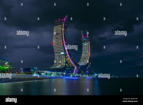 Katara Buildings View From Lusail Marina Park Crescent Tower Stock