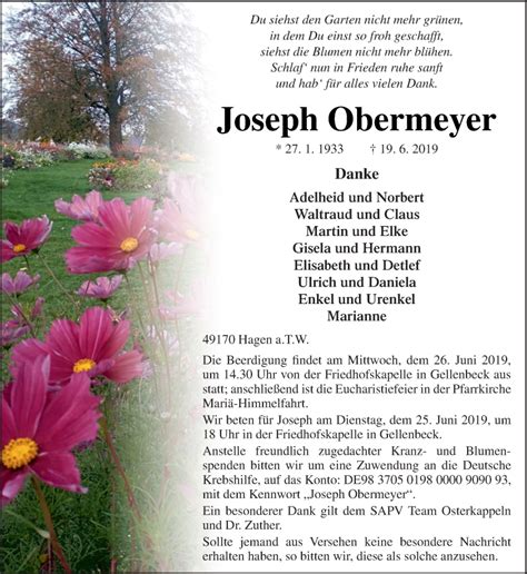 Traueranzeigen Von Joseph Obermeyer Noz Trauerportal