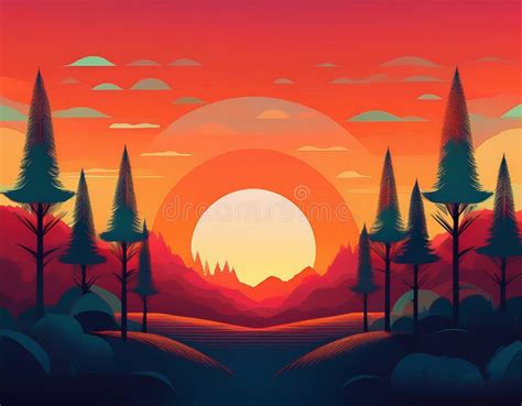 Minimalist Sunset Over Forest Simple Shapes And Gradients For Warm