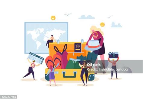 여행에 대 한 화물을 포장 하는 캐릭터 남자 고 여자 열 대 여행을 위한 준비입니다 해변 휴가 여행 하는 행복 한 사람 벡터 일러스트 레이 션 휴가에 대한 스톡 벡터 아트