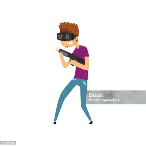 젊은 남자 만화 캐릭터 가상 현실 Vr 헤드셋과 총 컨트롤러 사이버 기술 흰색 바탕에 가상 현실 개념 벡터 일러스트 레이 션 게임에서 비디오 게임 개념에 대한 스톡 벡터