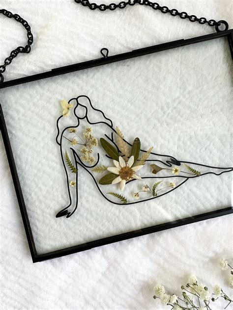 Pressed Flowers With Line Art Nude Woman In Floating Gold Frame Real