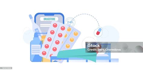 플랫 만화 환자 캐릭터 아픈 사람 온라인 약국 원격 의학 벡터 일러스트 개념 건강관리와 의술에 대한 스톡 벡터 아트 및 기타