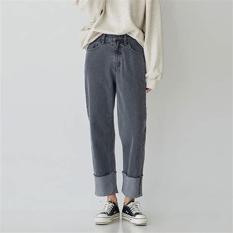 리틀마켓 하이웨스트 롤업 롱 여유핏 뒷밴딩 일자 청바지 Pi93b2 데님 팬츠 진 그레이 회색 연청 워싱 발목 9부 캐쥬얼 여행 캠핑 봄 가을 간절기 룩