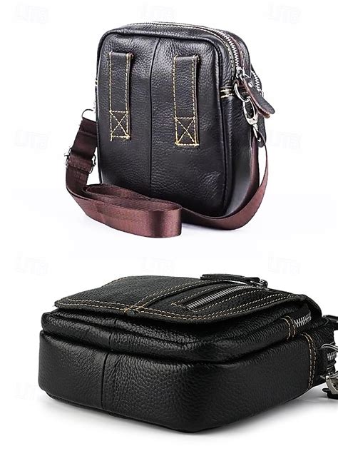 Mens Genuine Leather Messenger Bag With Zipper Pocket Retro Style
